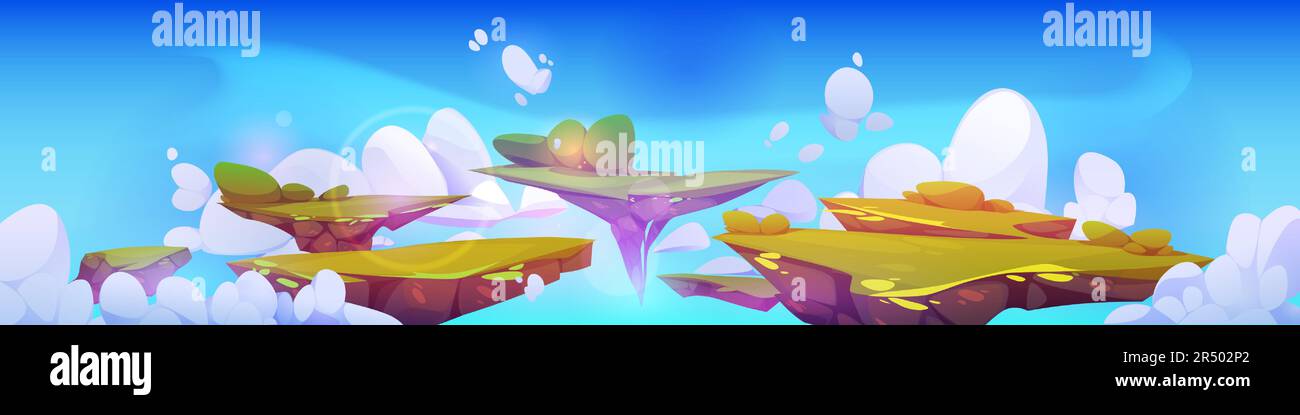 Island floating in sky fantasy game background. Magic landscape with flying land environment for ...