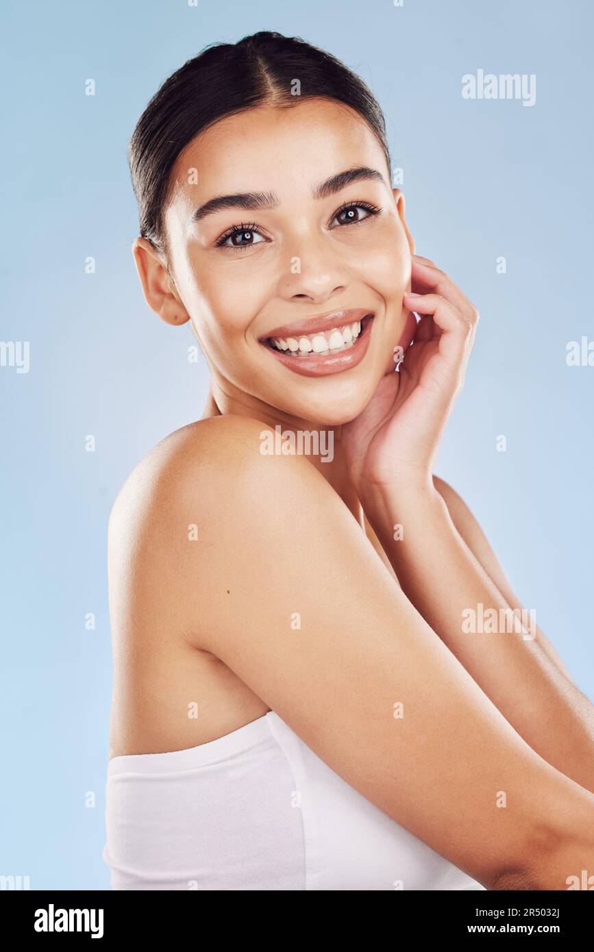 Portrait, skincare and woman with cosmetics, dermatology and grooming ...