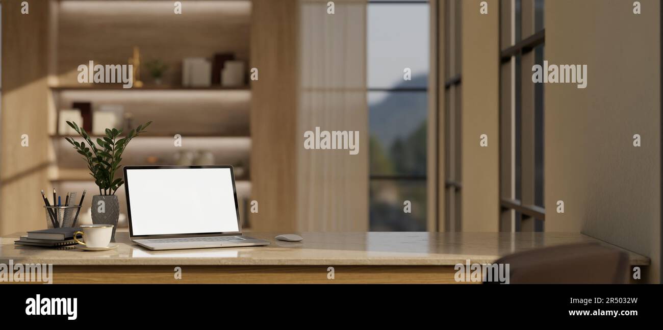 Home workspace with white screen laptop computer mockup and accessories ...