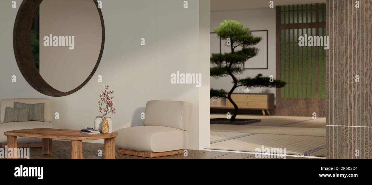 Interior design of a modern Japanese zen living room style with ...
