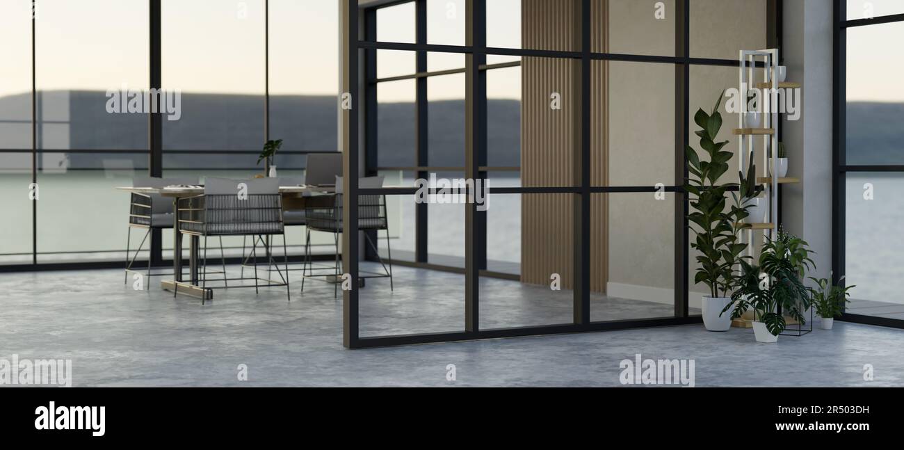 Side view, A modern spacious dining room with modern dining table ...