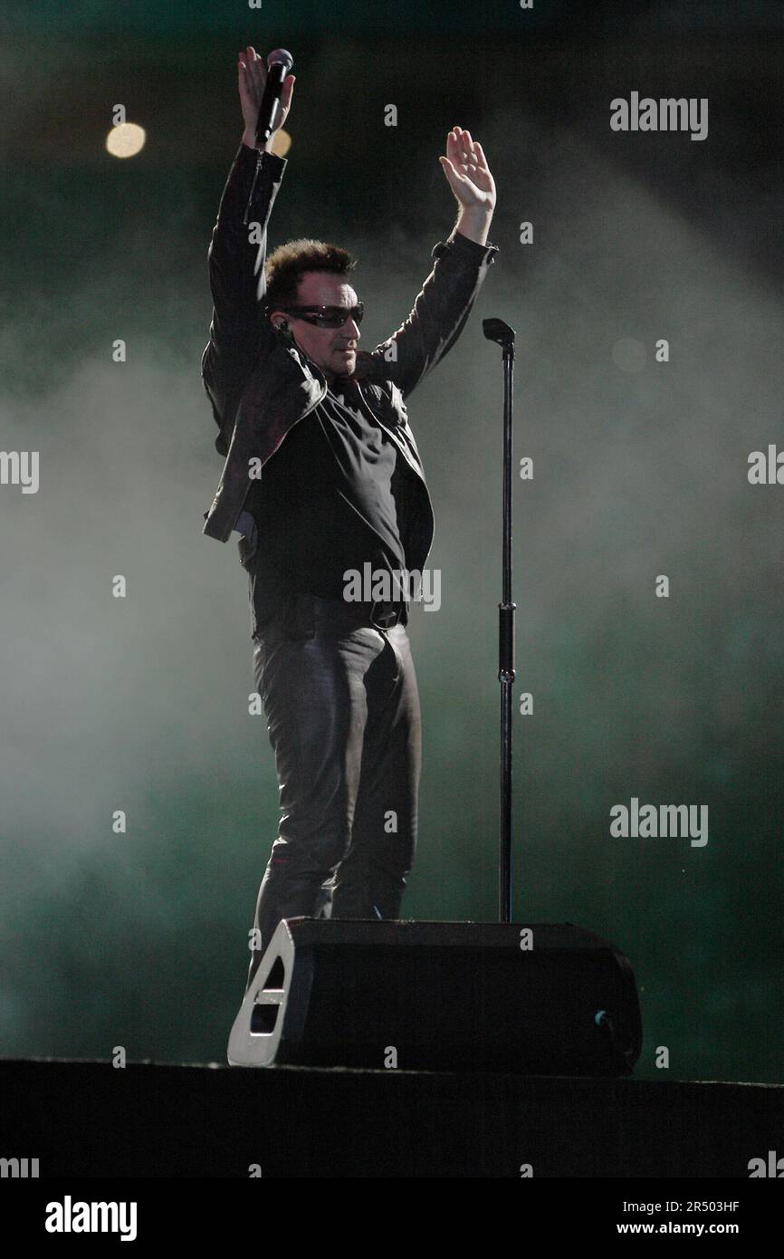 Bono U2 performing live in concert at ANZ Stadium on their '360 degree' tour Sydney, Australia ...