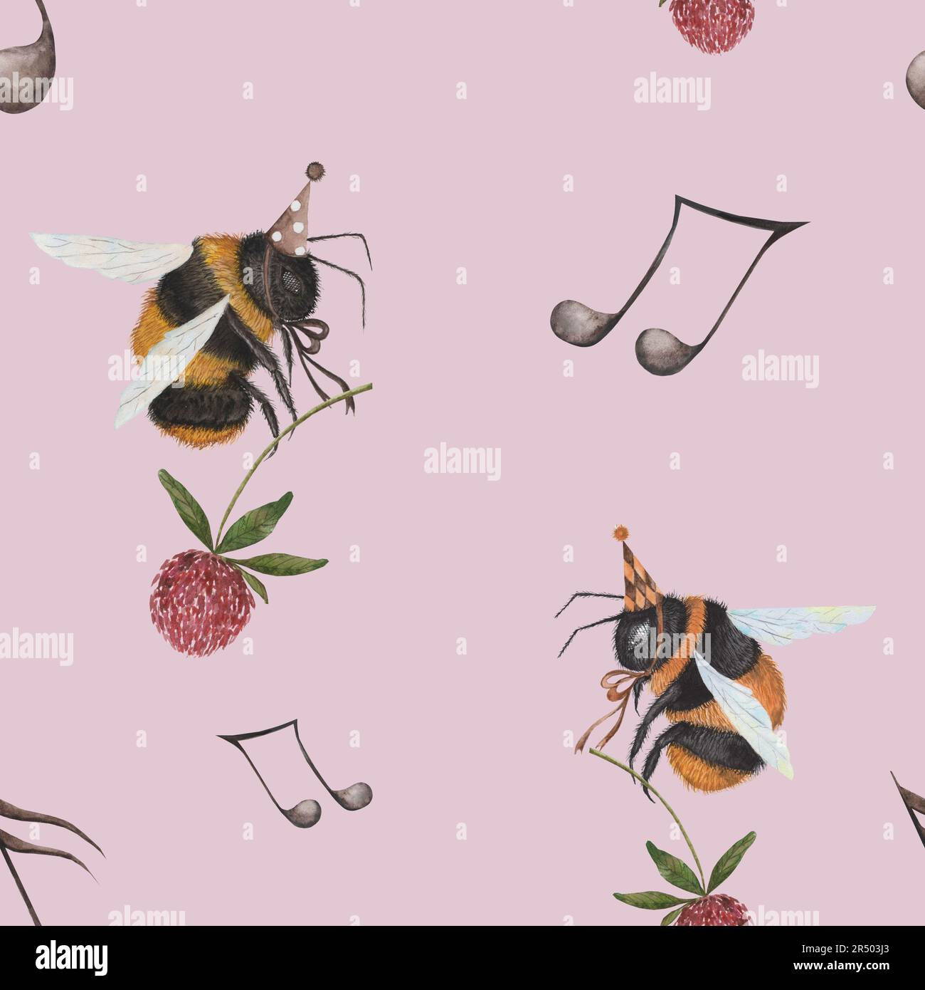 seamless watercolor pattern with bumblebees, musical notes, clover ...
