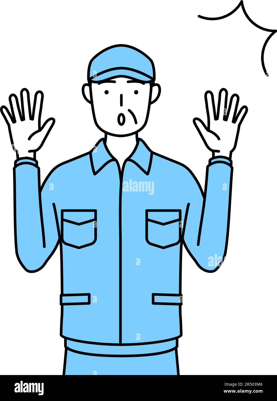Senior man in hat and work clothes raising his hand in surprise, Vector ...