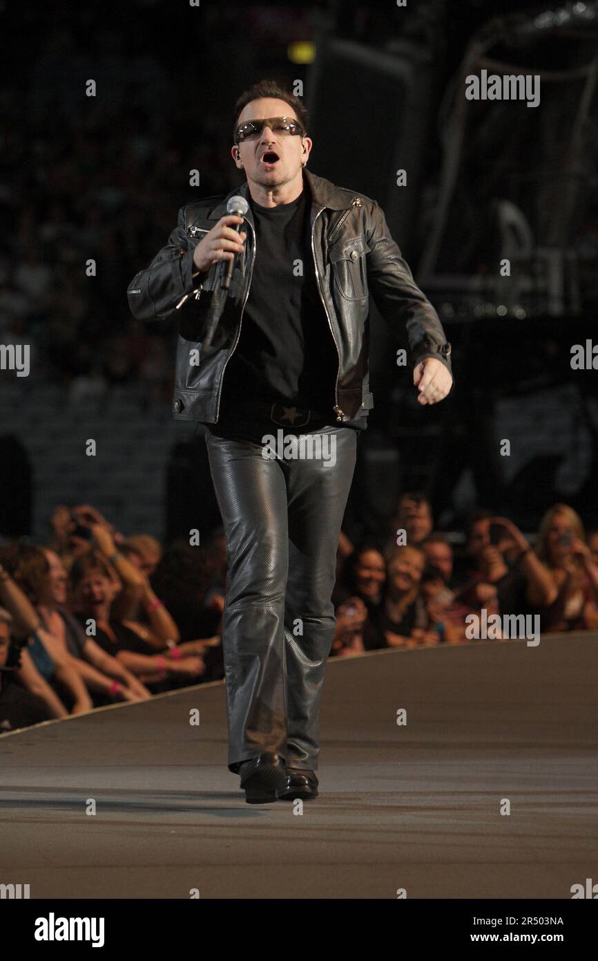 Bono U2 performing live in concert at ANZ Stadium on their '360 degree ...