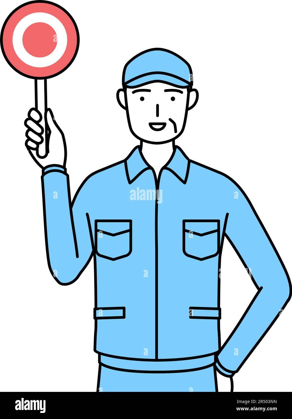 Senior man in hat and work clothes holding a maru placard that shows ...
