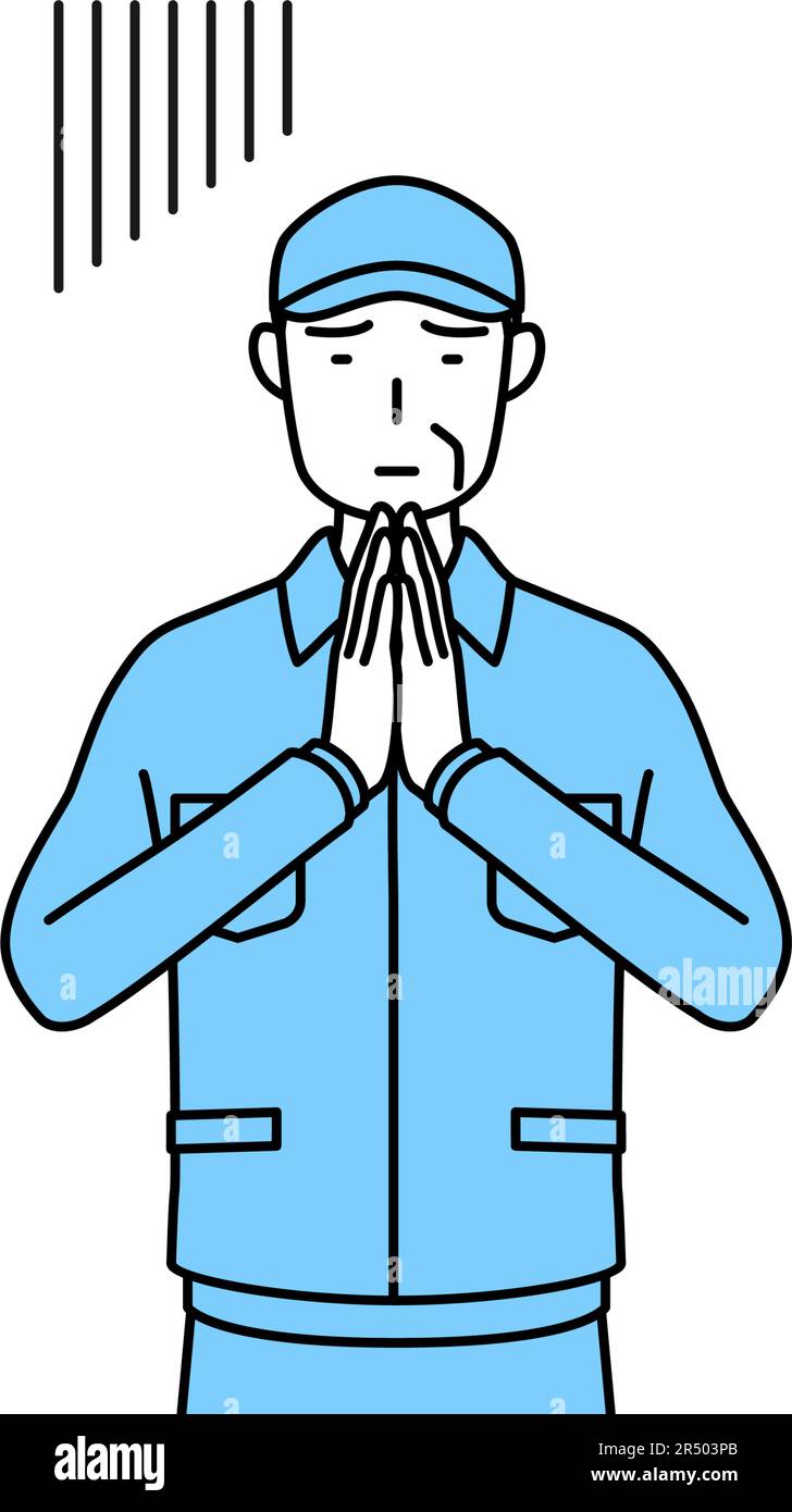 Senior man in hat and work clothes apologizing with his hands in front ...