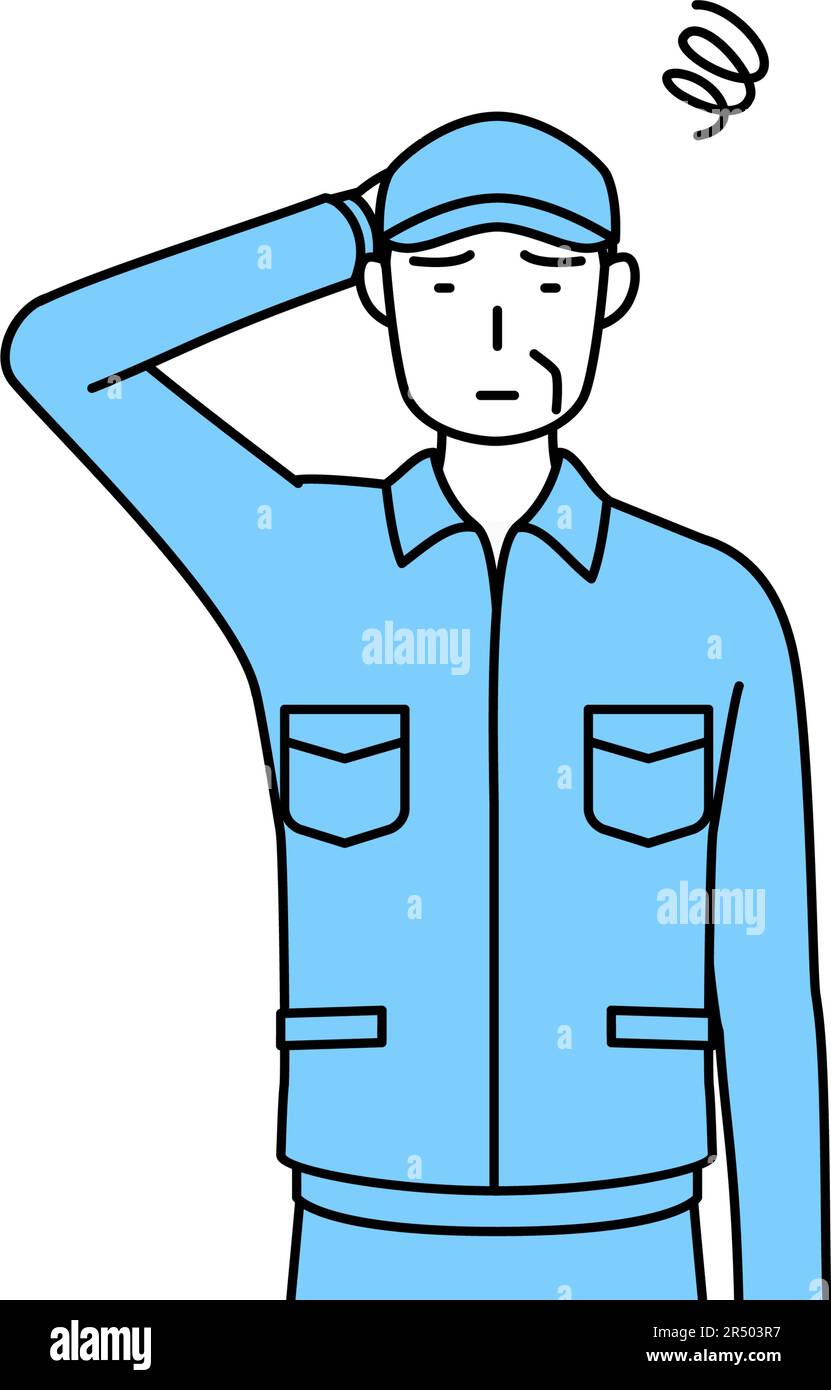 Senior man in hat and work clothes scratching his head in distress ...