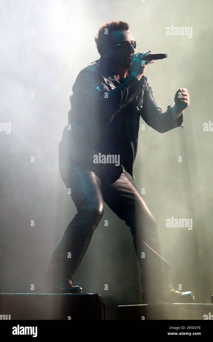 Bono U2 performing live in concert at ANZ Stadium on their '360 degree ...