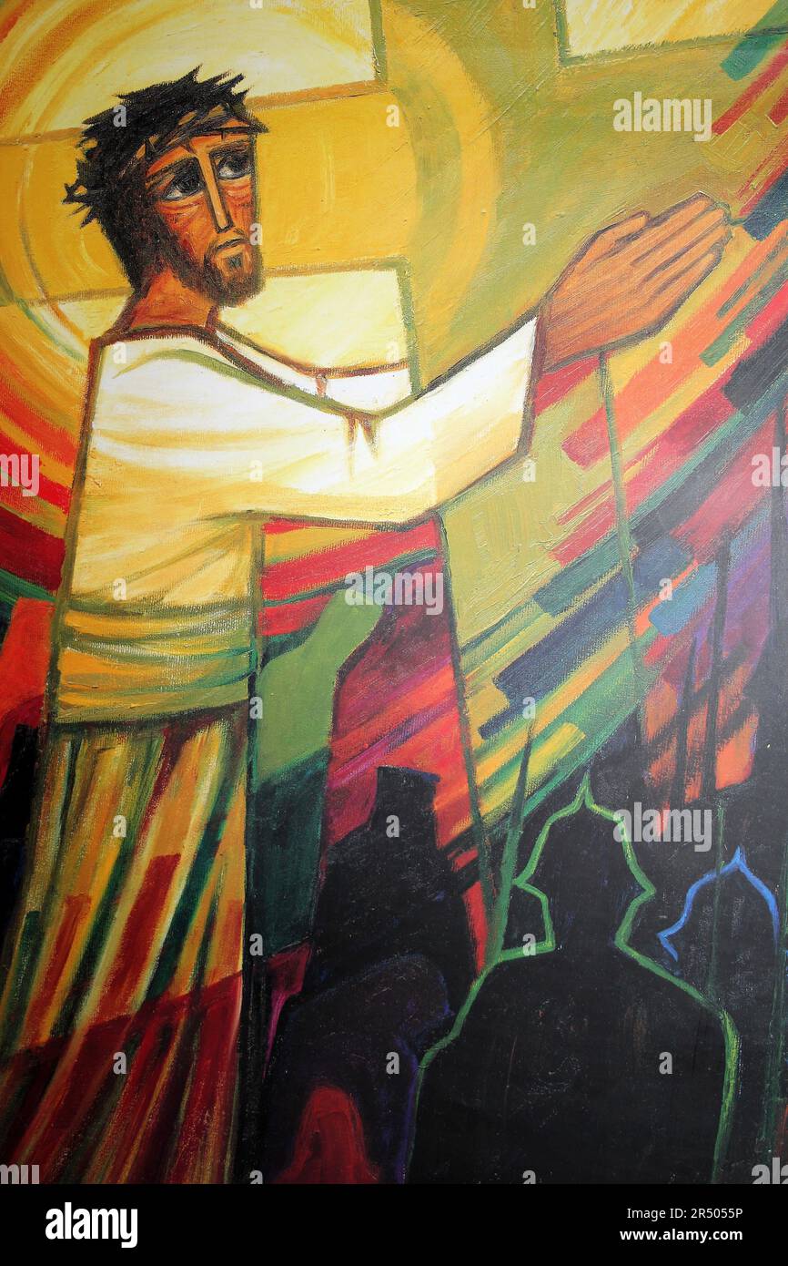 Contemporary Religious Art Depicting Jesus Christ Carrying Wooden Cross. St Marys Church ...
