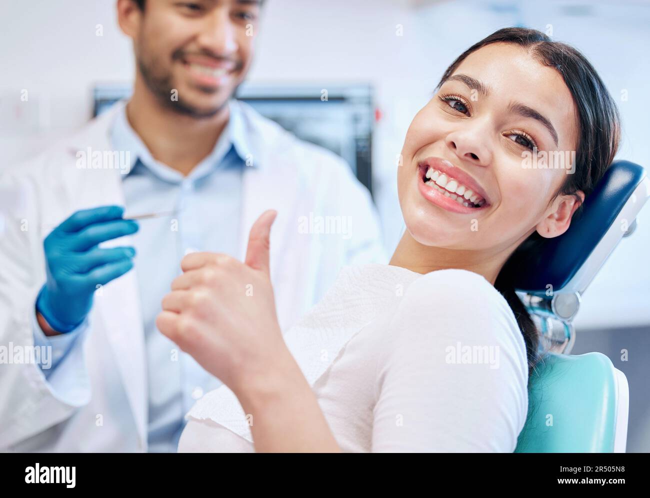 Happy, thumbs up and portrait of dentist and patient for teeth whitening, service and dental ...