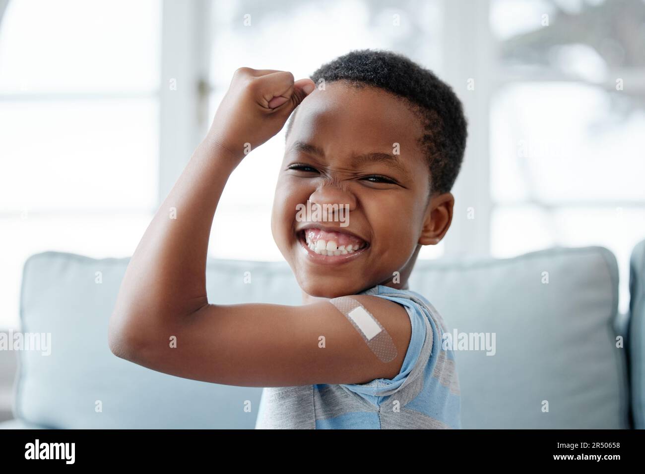 African boy kid, vaccine and portrait with smile, medicine and flex ...