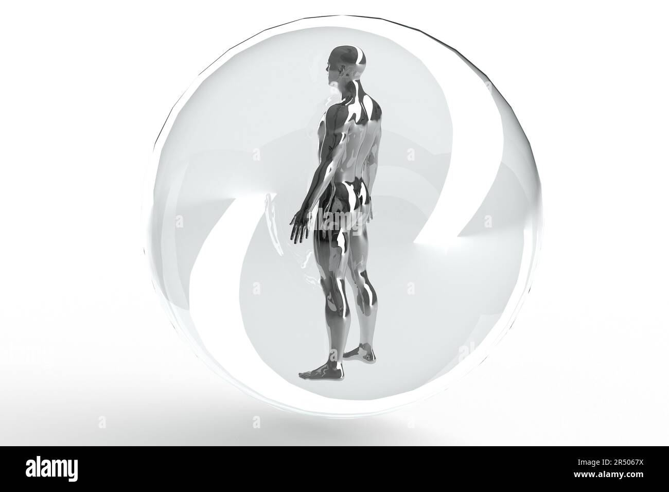 3D illustration of a male silver body on a white background. Metal ...