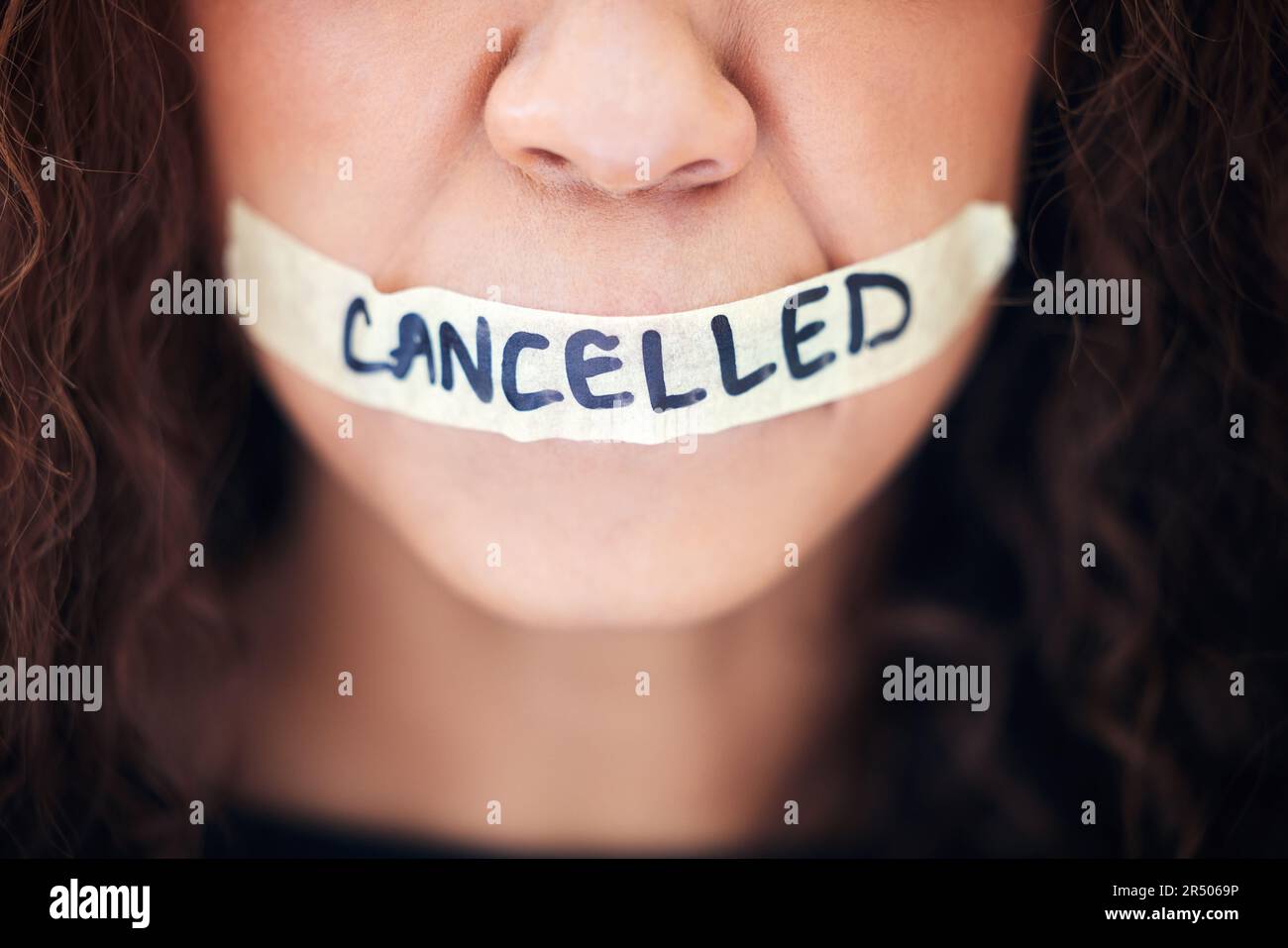 Political, protest and closeup with tape on a mouth for justice ...