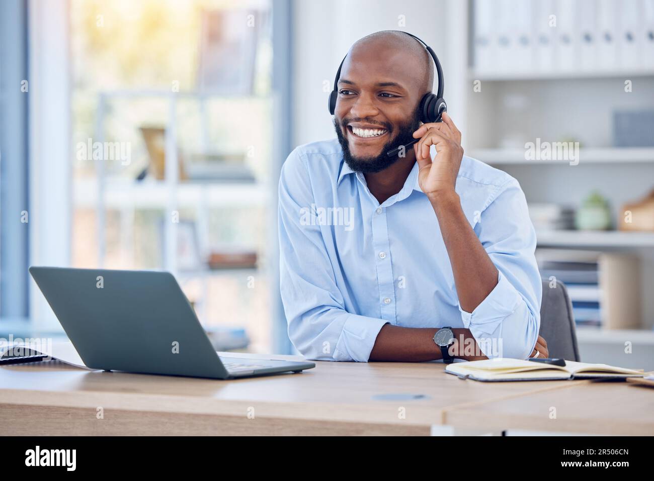 Happy black man, callcenter with phone call and contact us ...