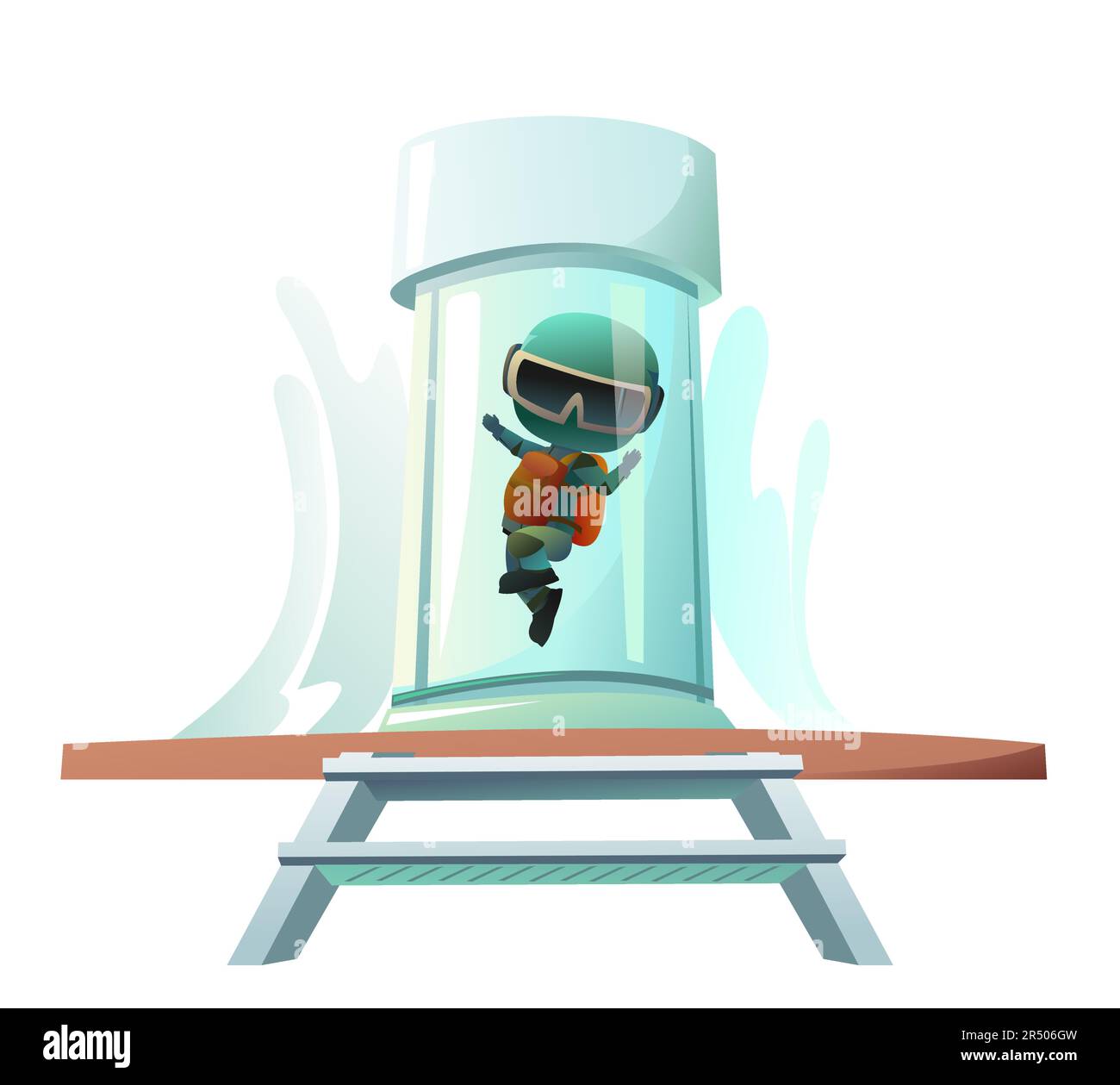 Man in helmet. Wind tunnel for flying in zero gravity. Cartoon style ...