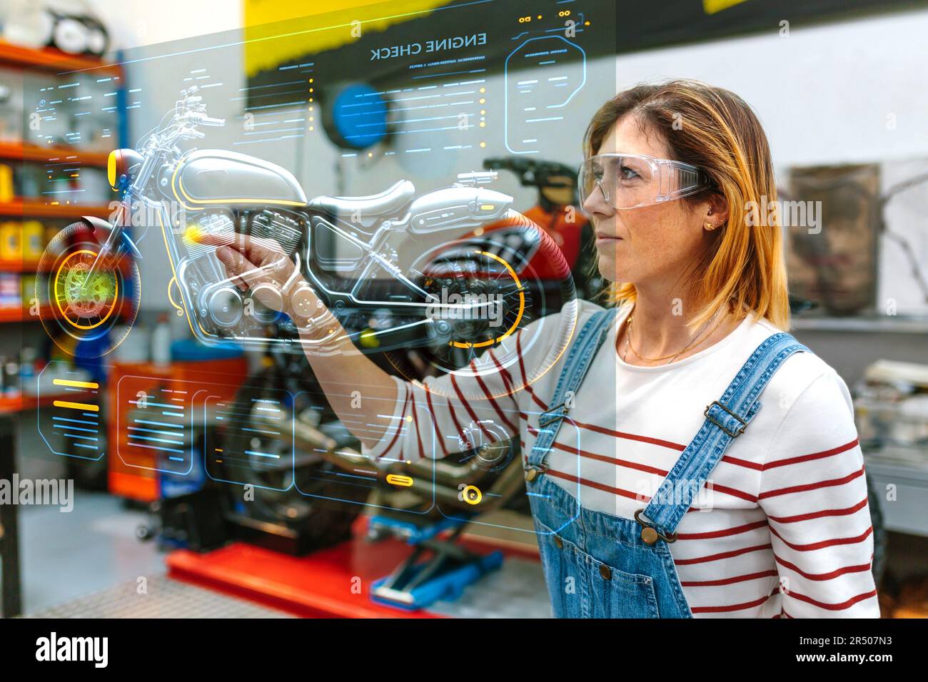 Female mechanic using hud panel screen with augmented reality hologram ...