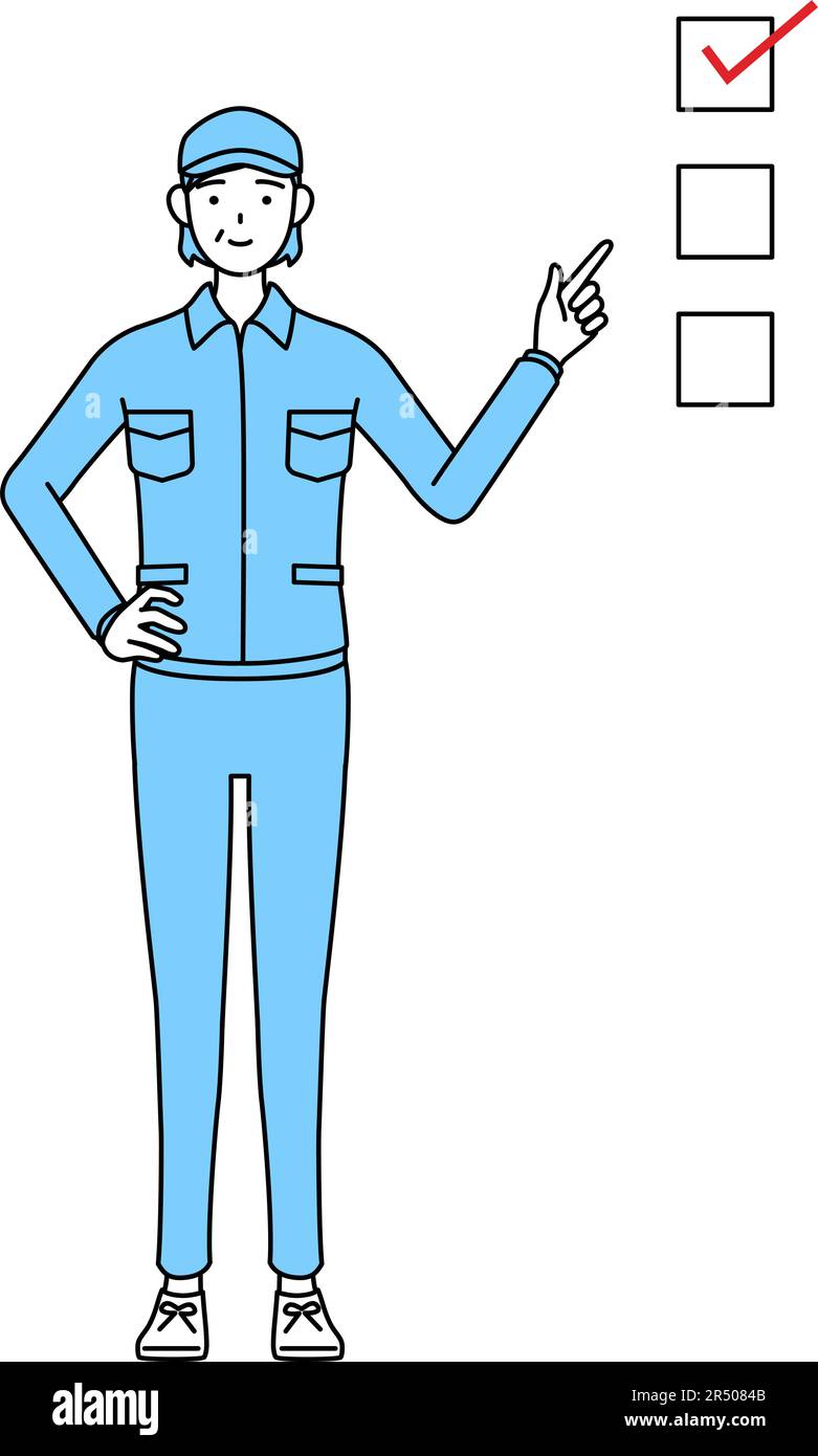 Senior woman in hat and work clothes pointing to a checklist, Vector ...