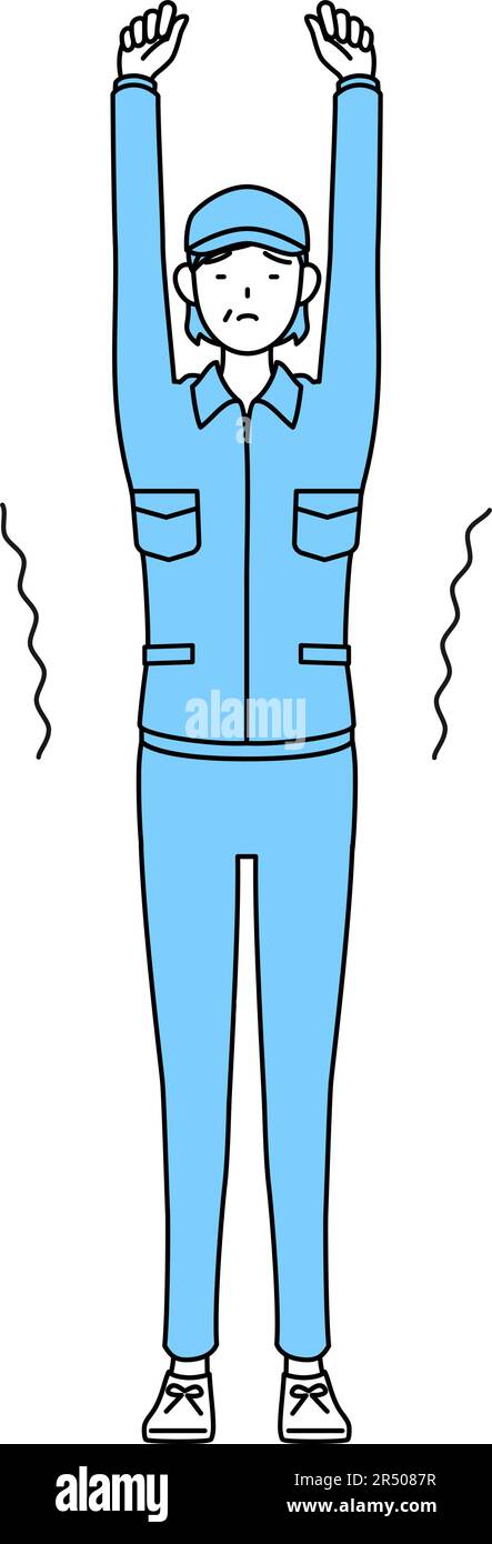 Senior woman in hat and work clothes stretching and standing tall ...