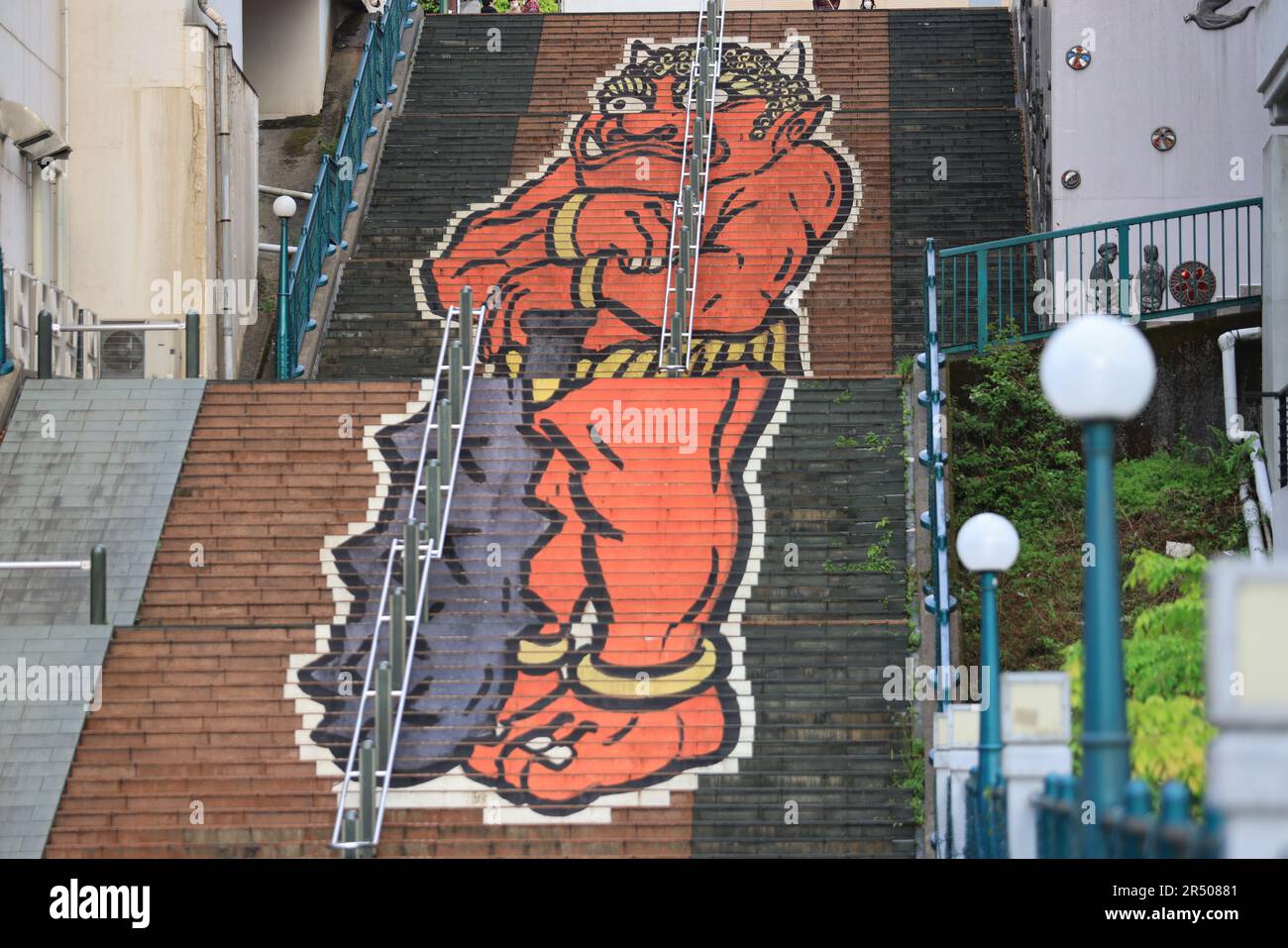 Kinugawa, Japan, May 3 2023: a oni painting on a staircases of Fureai ...