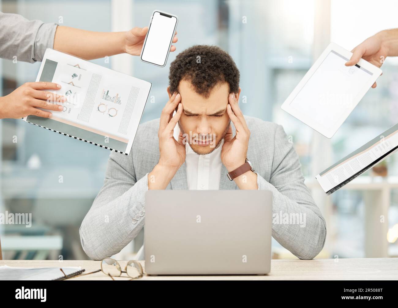 Headache, chaos and business man stress on computer, documents and ...