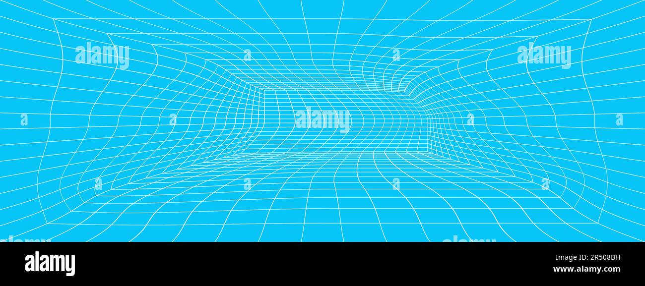 Distorted white square room wireframe in perspective on blue background ...