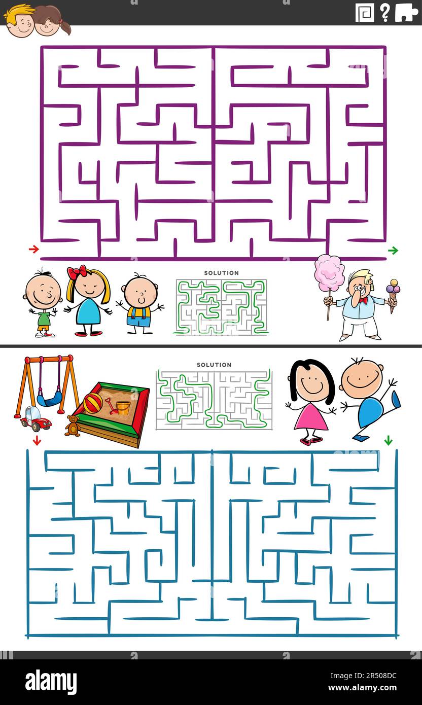 Cartoon illustration of educational maze puzzle games set with children ...