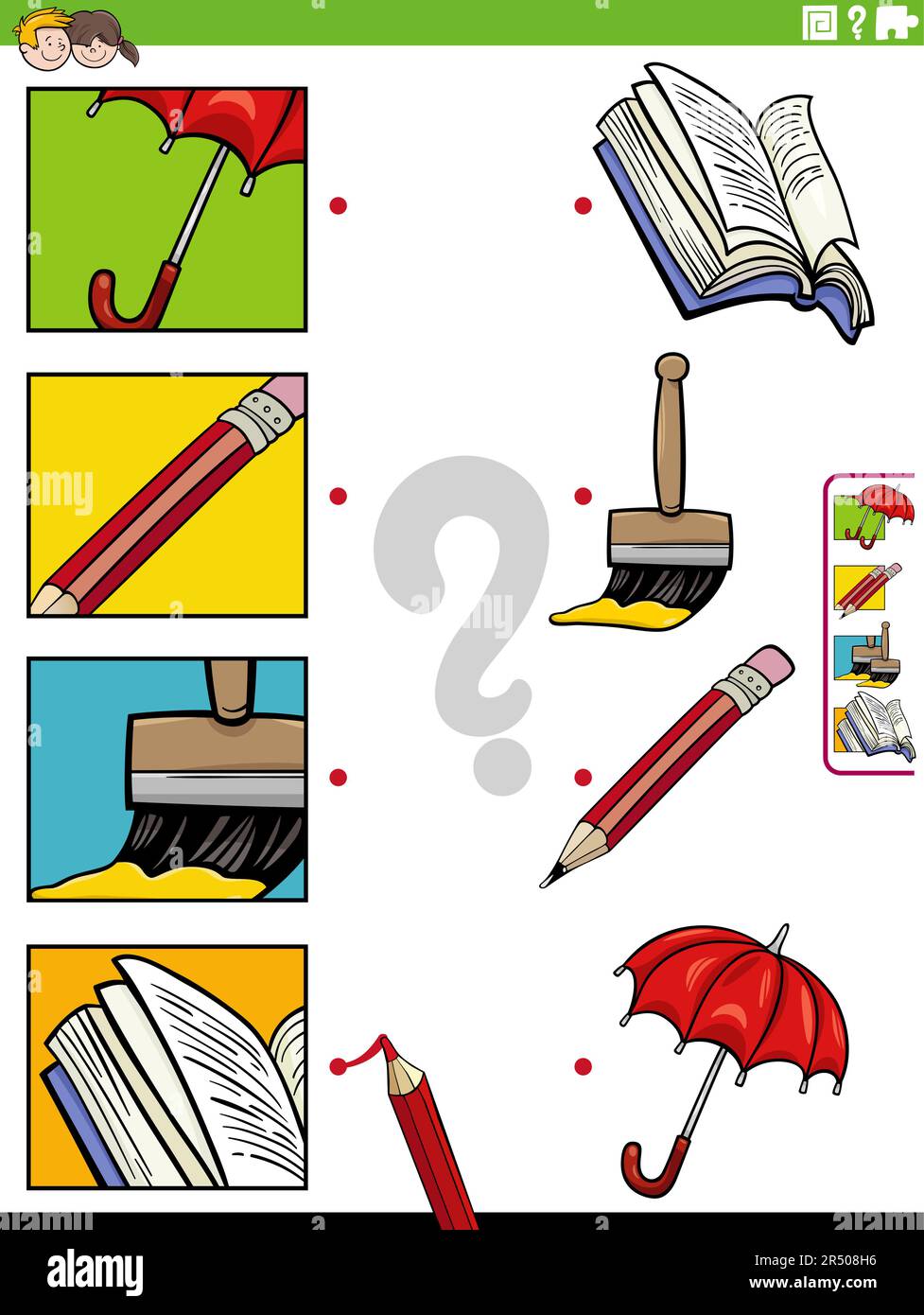 Cartoon illustration of educational matching activity with objects and ...