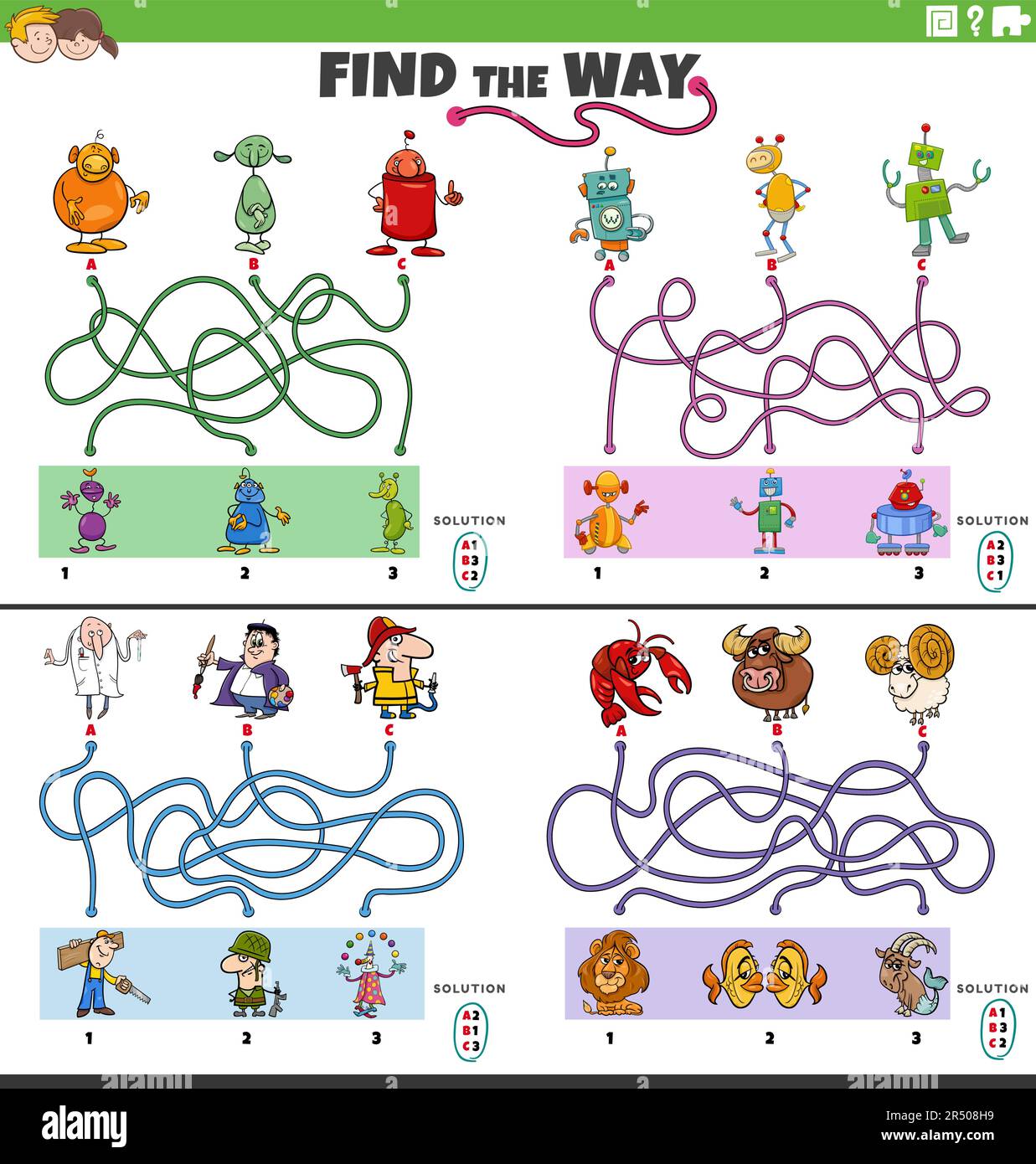 Cartoon illustration of find the way maze puzzle games set with funny ...