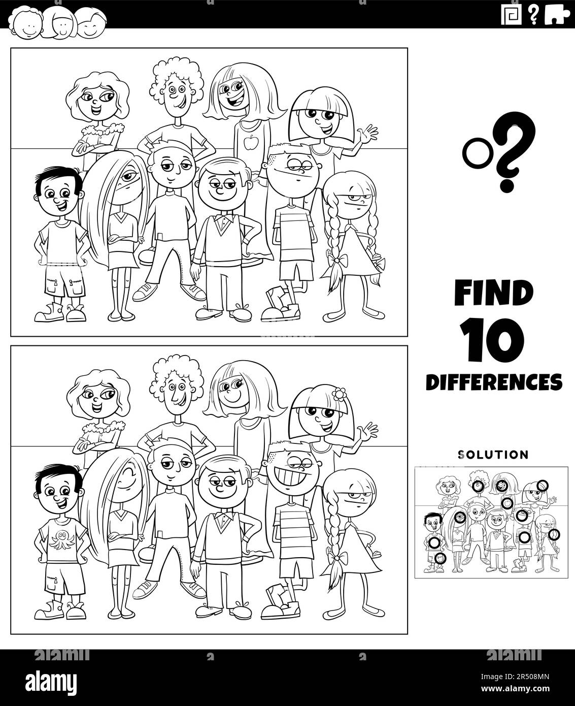 Black and white cartoon illustration of finding the differences between ...