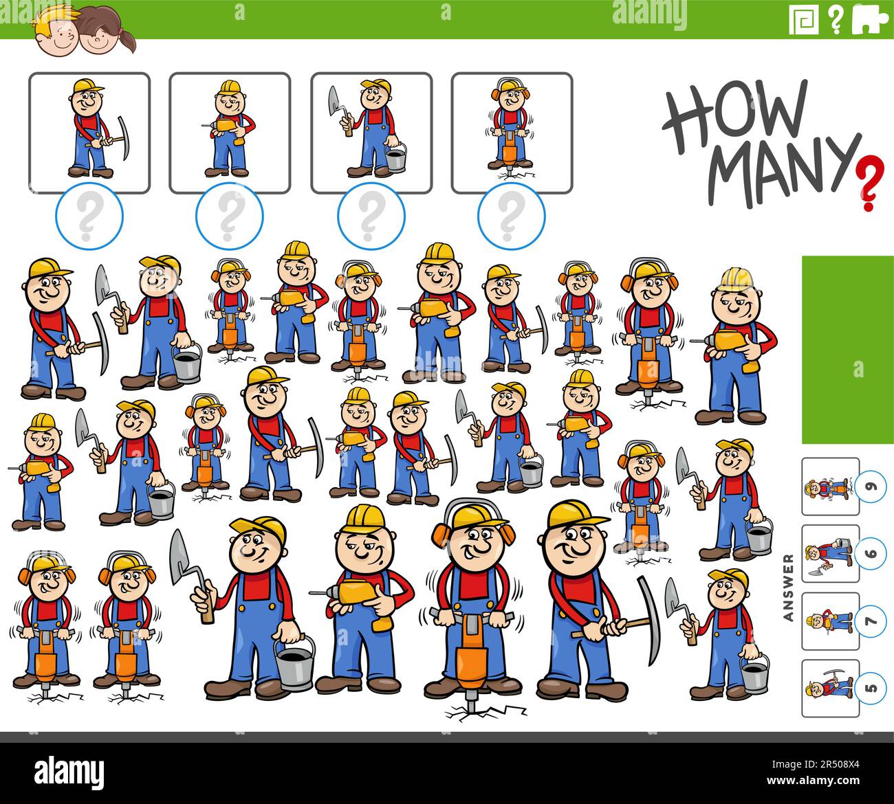 Cartoon illustration of educational counting activity with workers ...