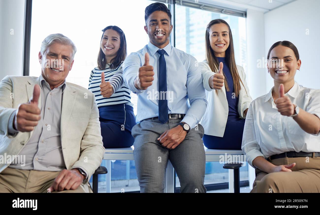 Business people, together and thumbs up in office portrait for ...