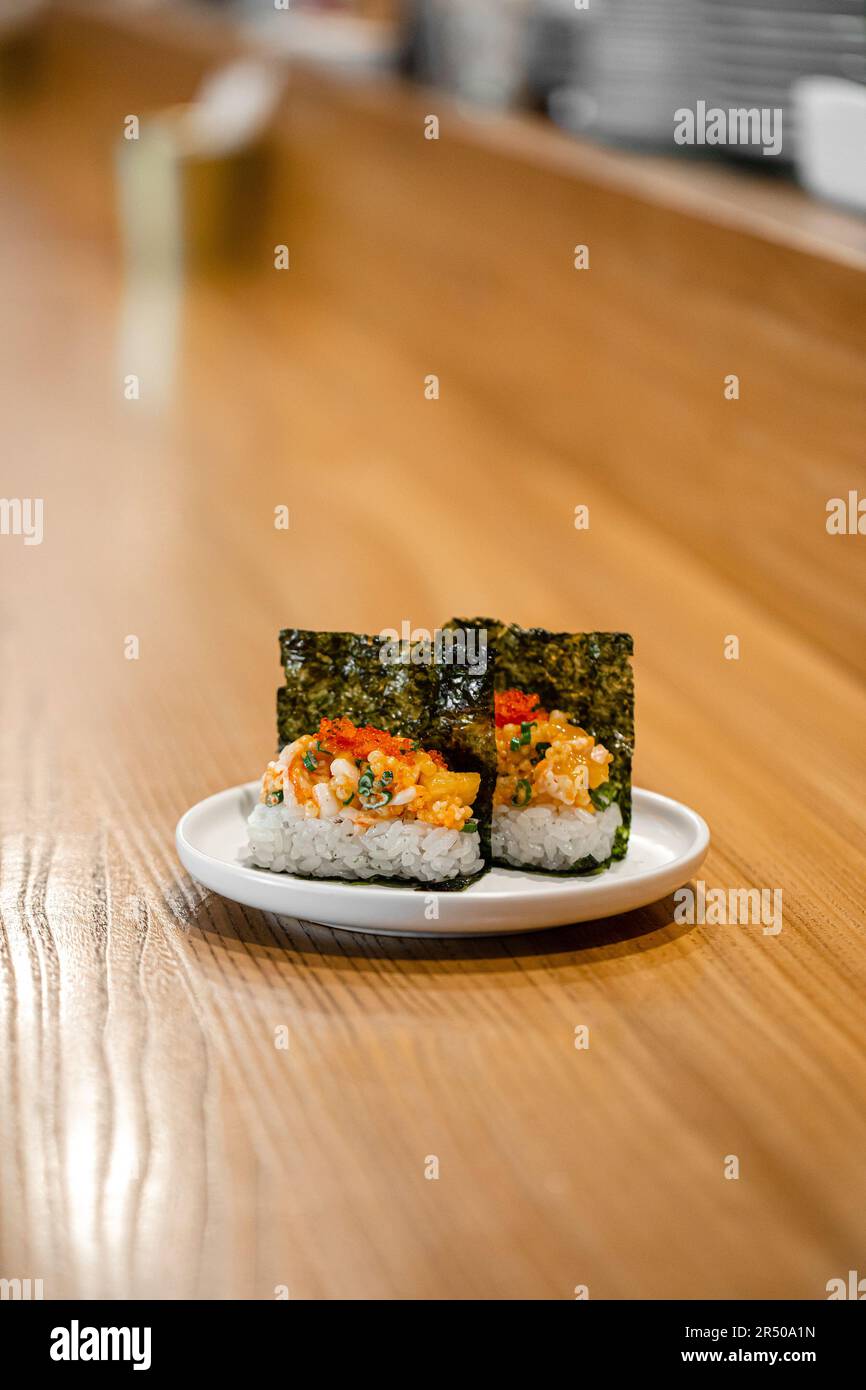 Japanese hand rolls with shrimp and caviar Stock Photo - Alamy