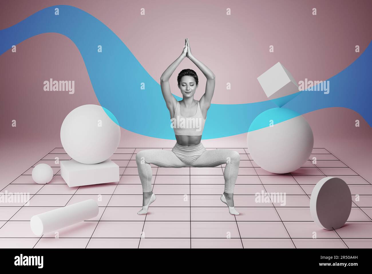 Photo collage artwork picture of lady enjoying yoga asanas 3d figures ...