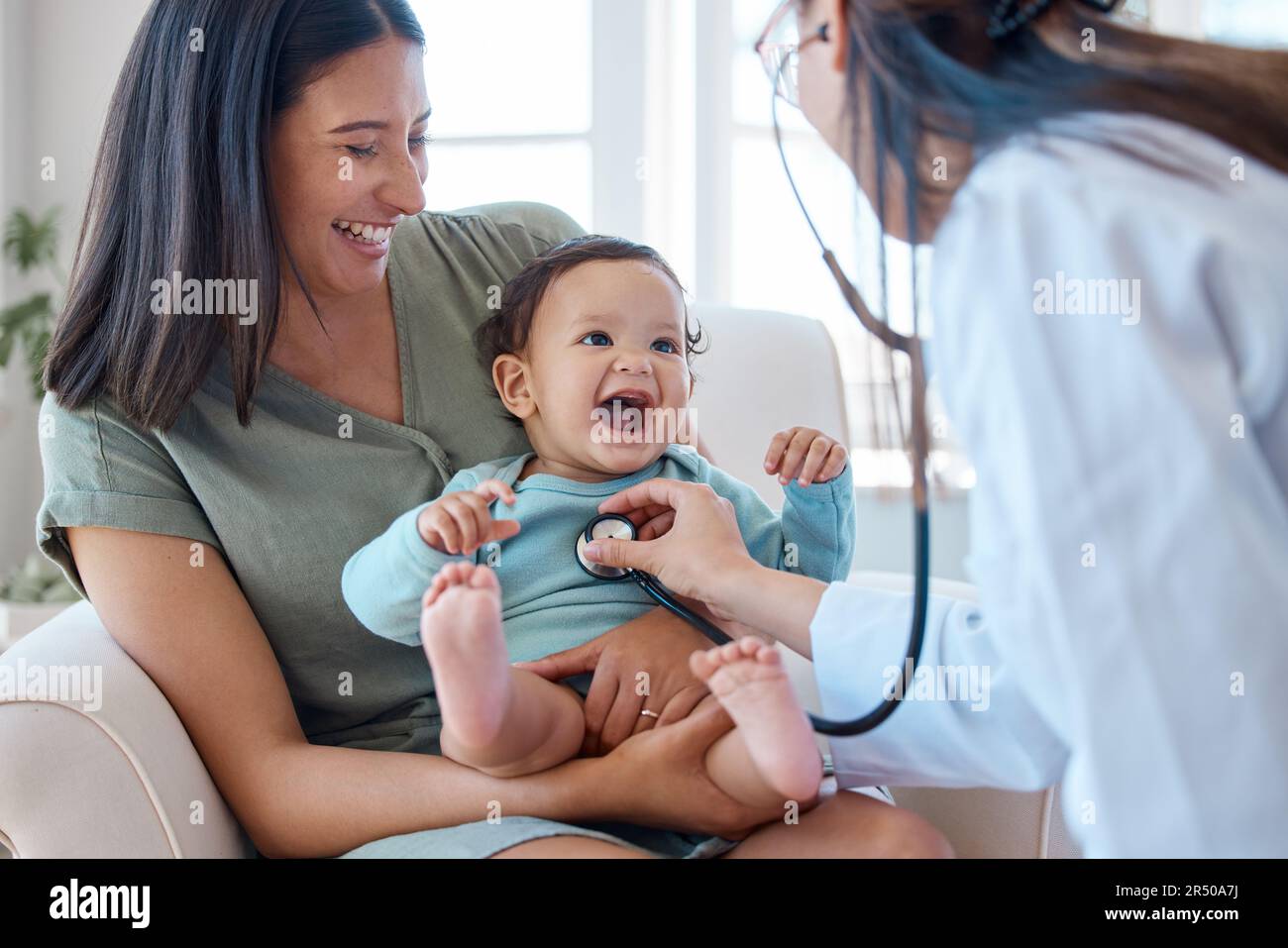 Mother, baby and stethoscope of pediatrician for healthcare consulting ...