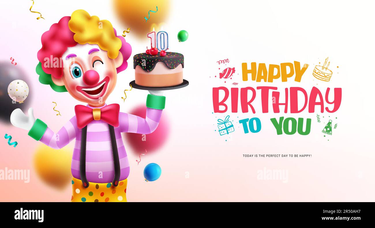 Happy birthday text vector design. Birthday clown and mascot character ...