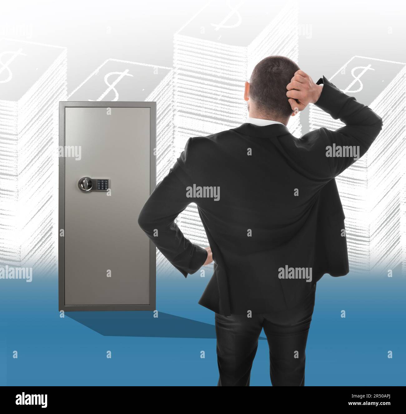 Financial security, keeping money. Thoughtful businessman in front of ...