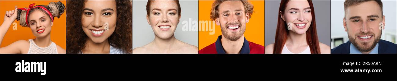 Collage with portraits of happy people on different color backgrounds ...