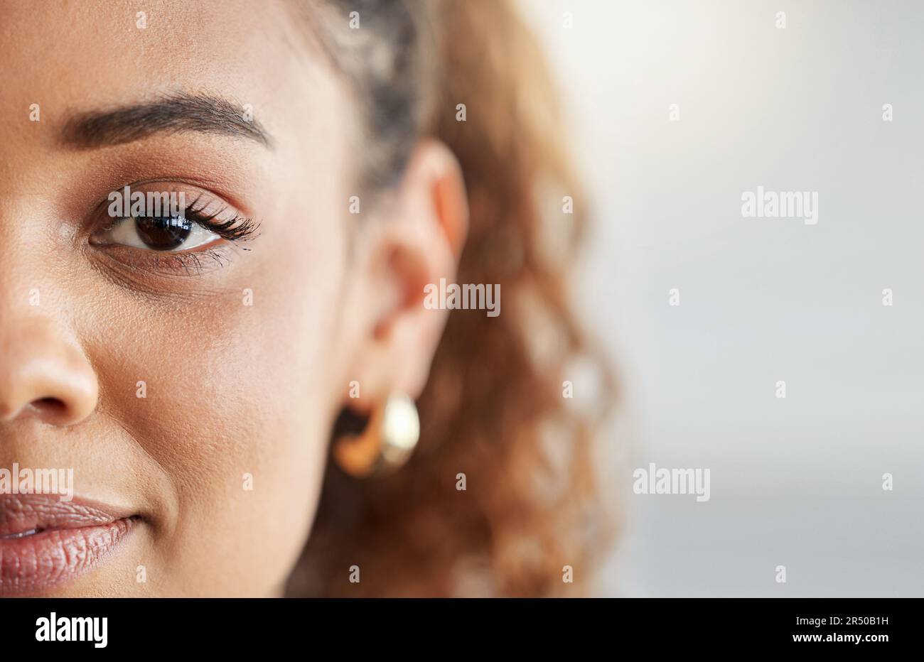 Eye, face and portrait of a woman with space for mockup, advertising or ...