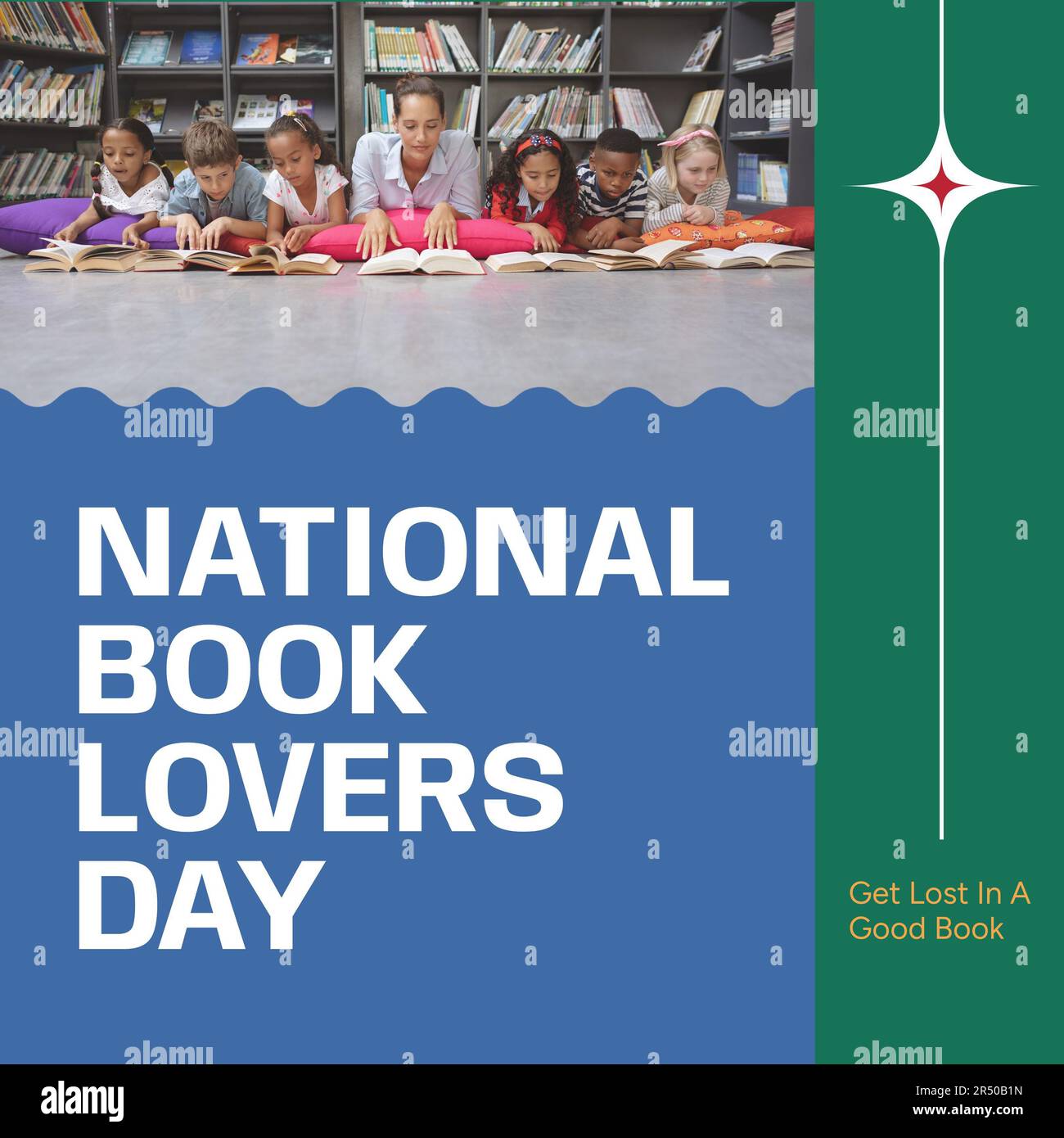 National book lovers day text with diverse female teacher and pupils ...