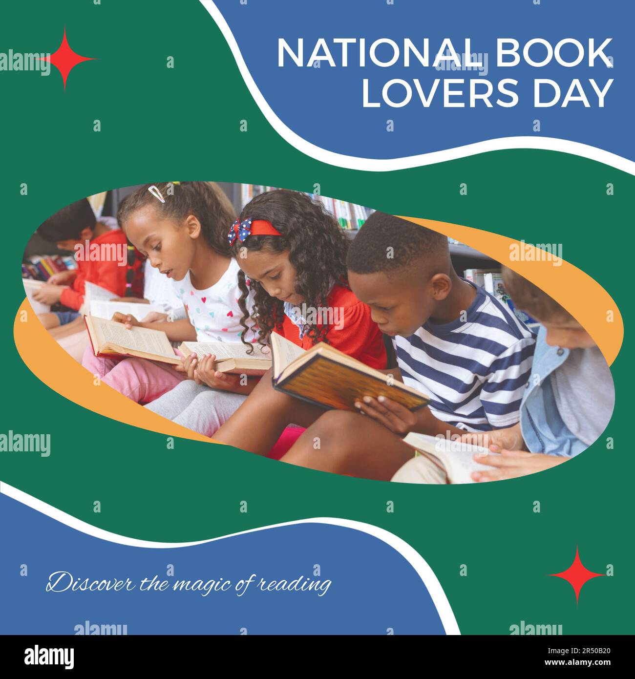 National book lovers day text with diverse schoolchildren reading in ...