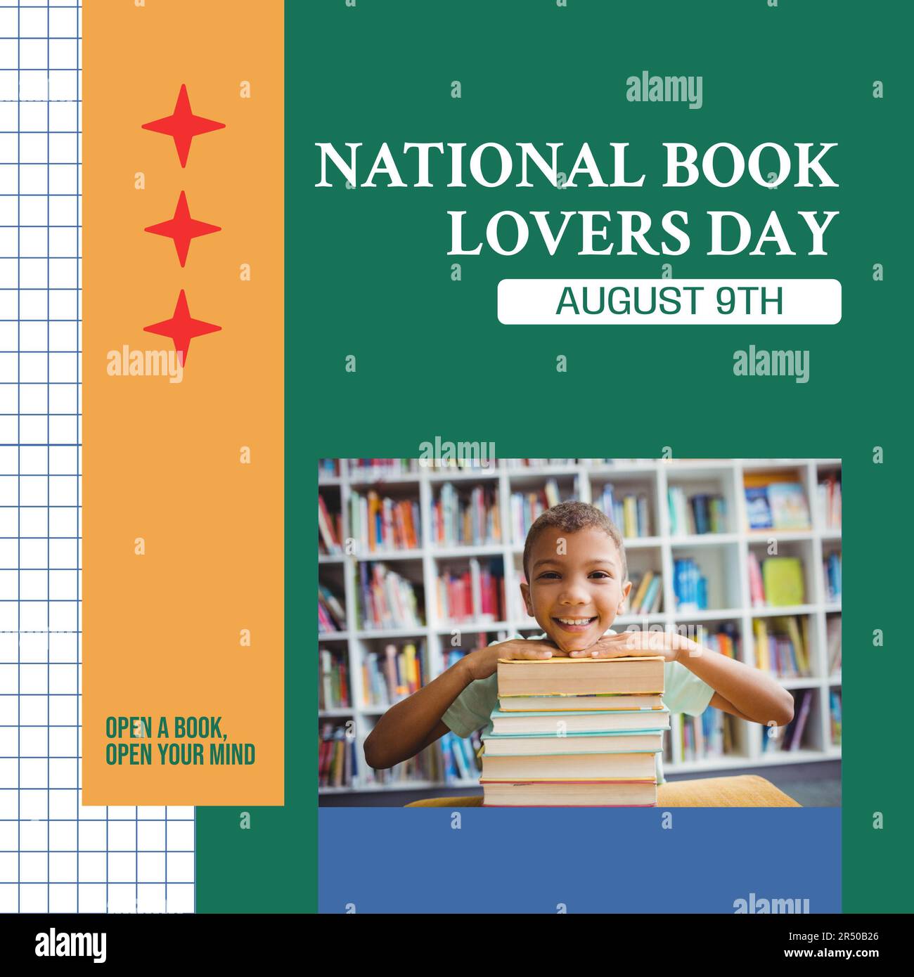 National book lovers day text in white with happy biracial boy leaning ...