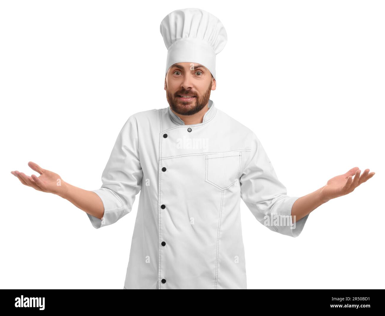 Puzzled mature male chef on white background Stock Photo - Alamy