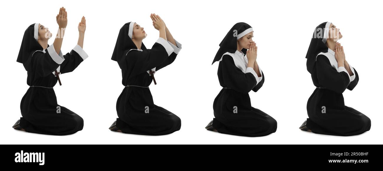 Collage with photos of young nun praying on white background Stock ...