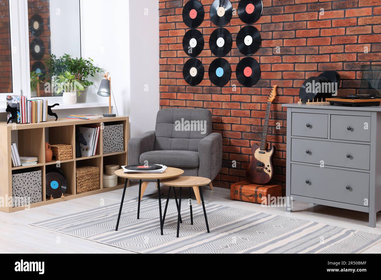 Living room decorated with vinyl records. Interior design Stock Photo ...