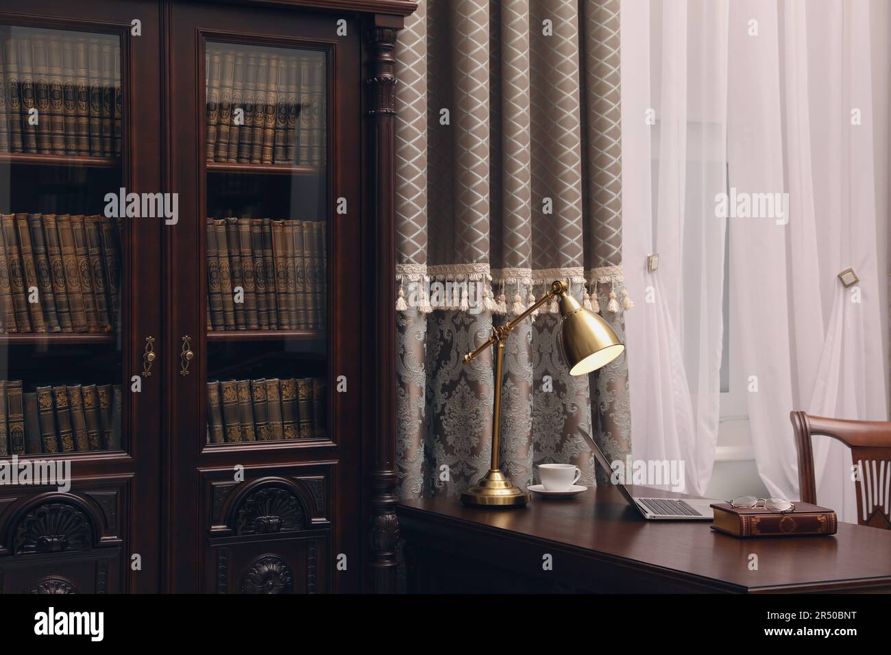 Library reading room interior with wooden bookcase and table near ...