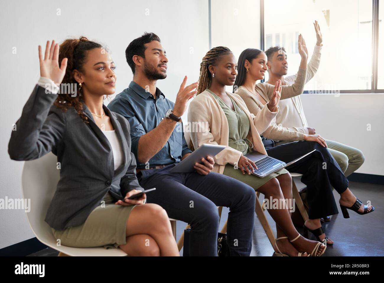 Seminar, workshop and business people in an office with questions in ...