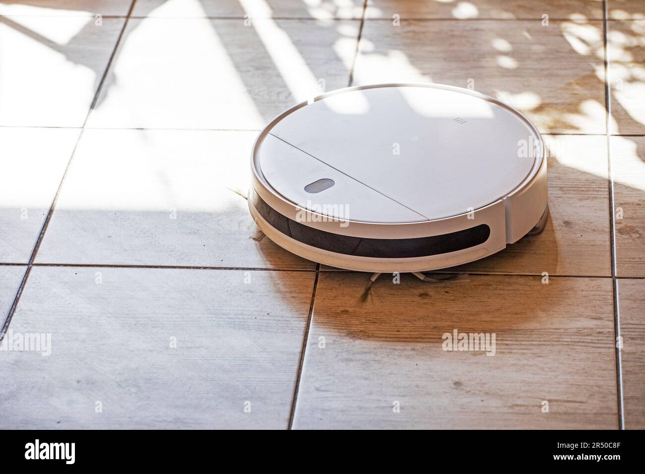 robot vacuum cleaner cleans the tiled floor in the living room lit by ...