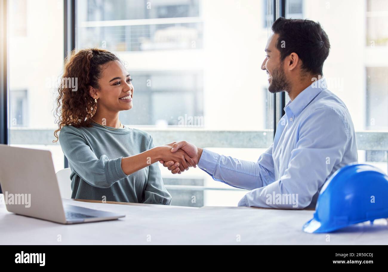 Engineering, handshake and woman with partner for construction planning ...