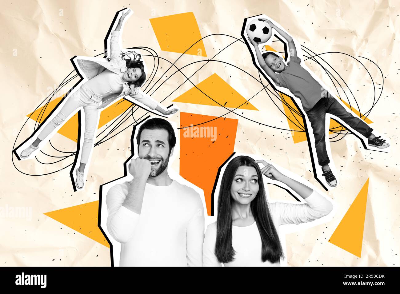 Poster banner 3d collage sketch of happy family spend weekend time ...